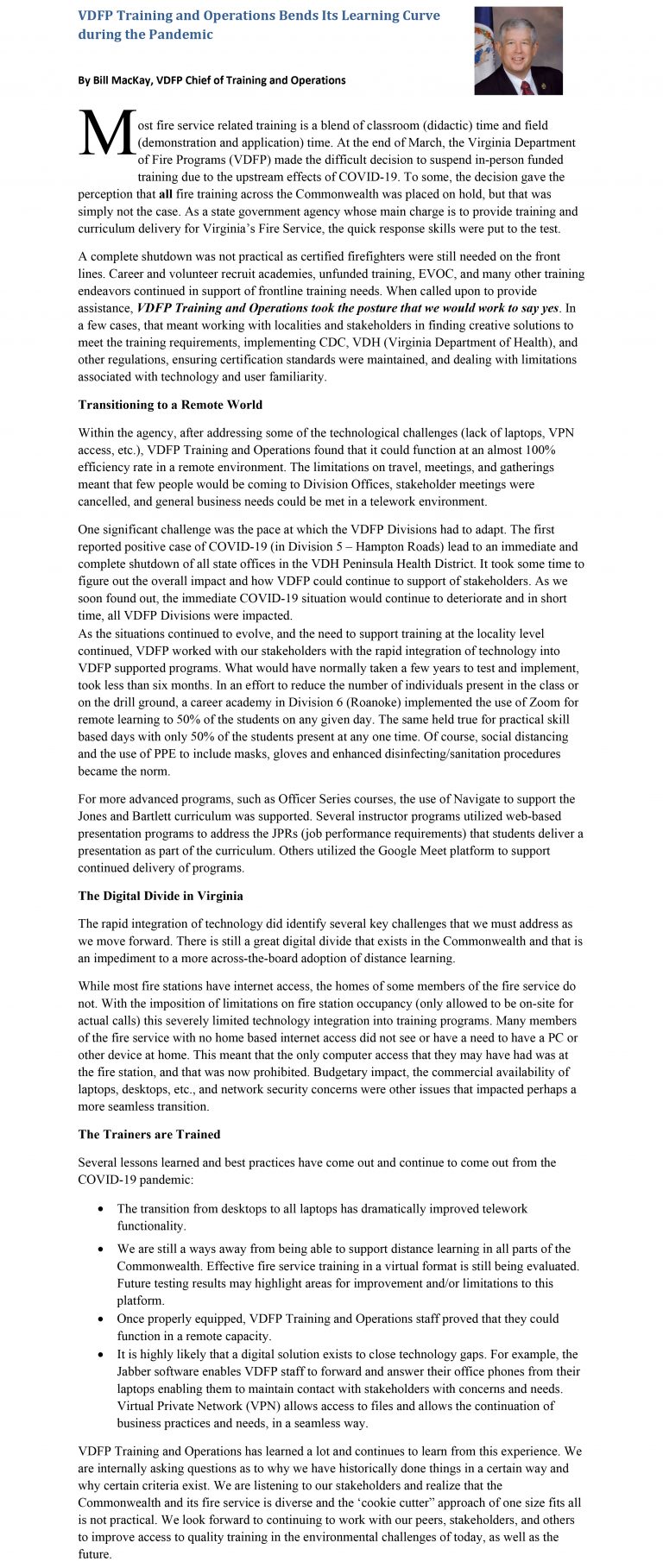 VDFP Training and Operations Bends Its Learning Curve during the ...